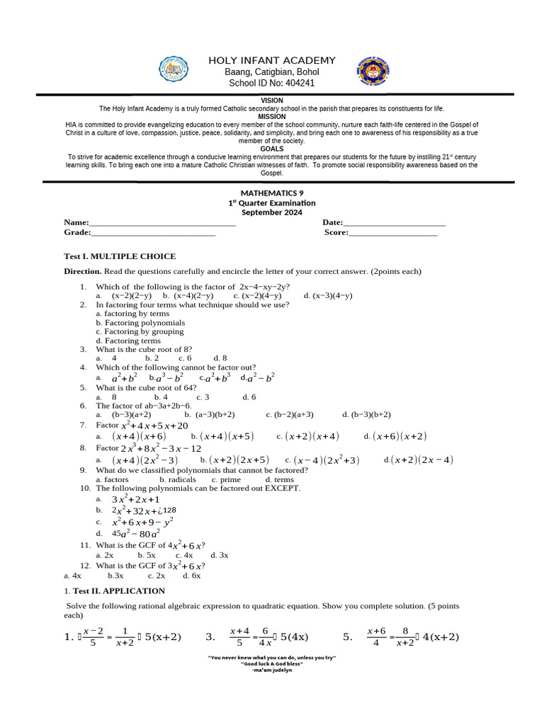 1st Quarter Examination For MATH 8.. | PDF | Factorization | Algebra