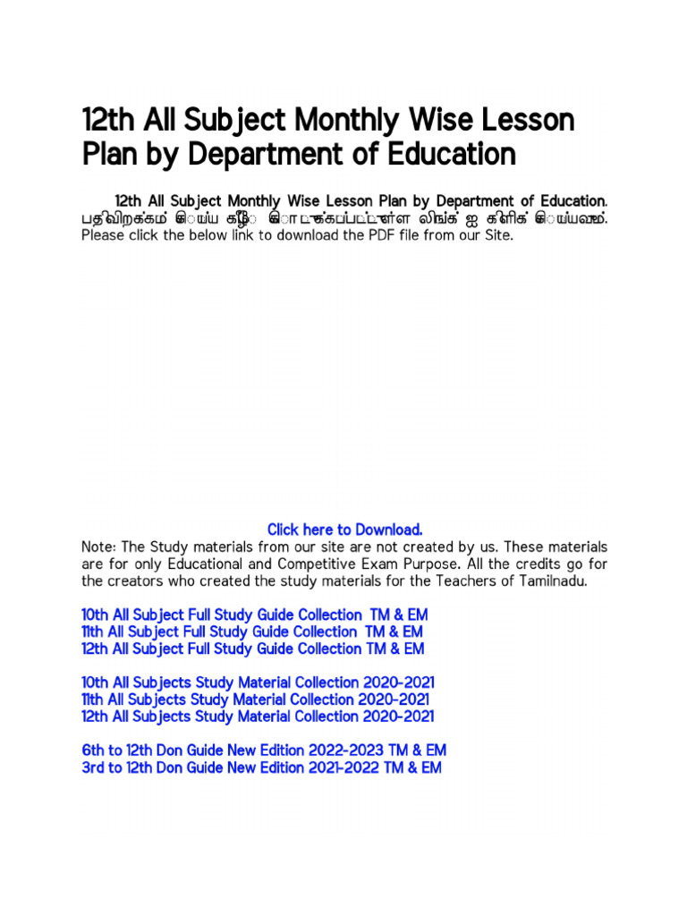 12th All Subject Monthly Wise Lesson Plan by Department of Education | PDF