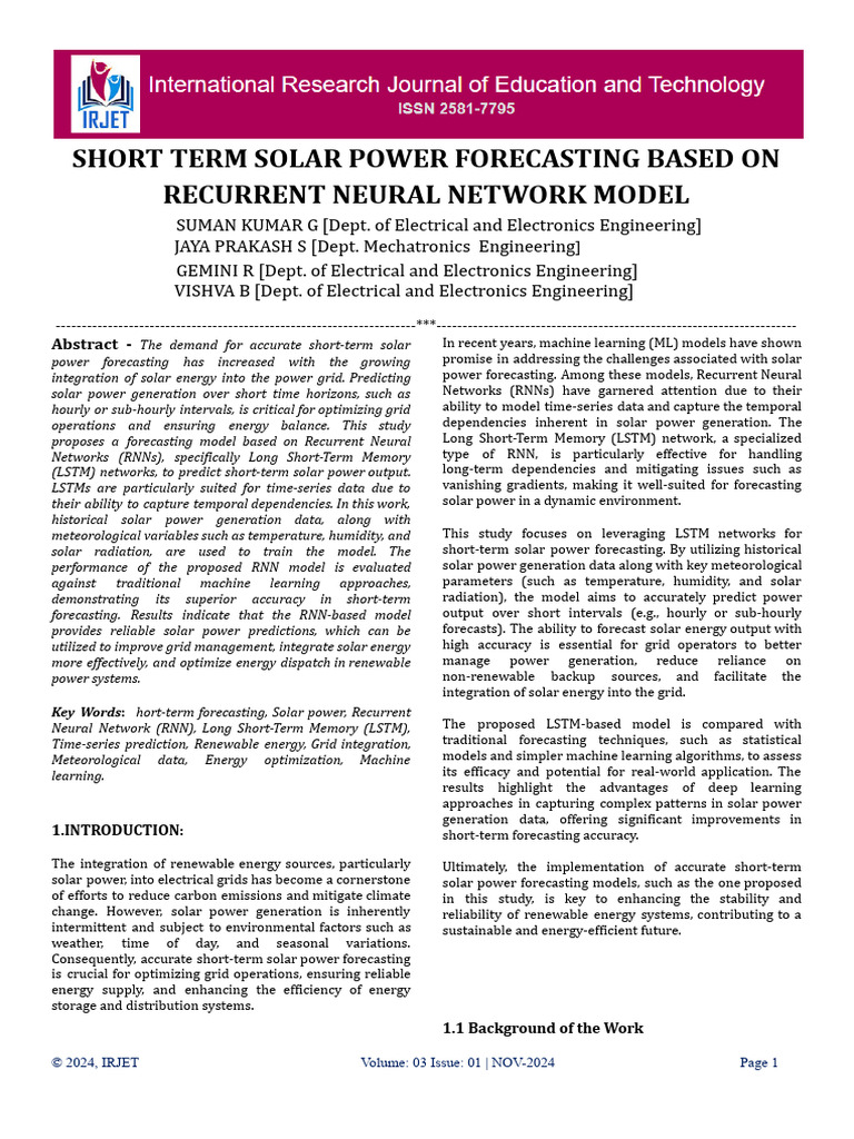 Short Term Solar Power Forecasting Based On Recurrent Neural Network Model (Irjet) | PDF | Solar ...