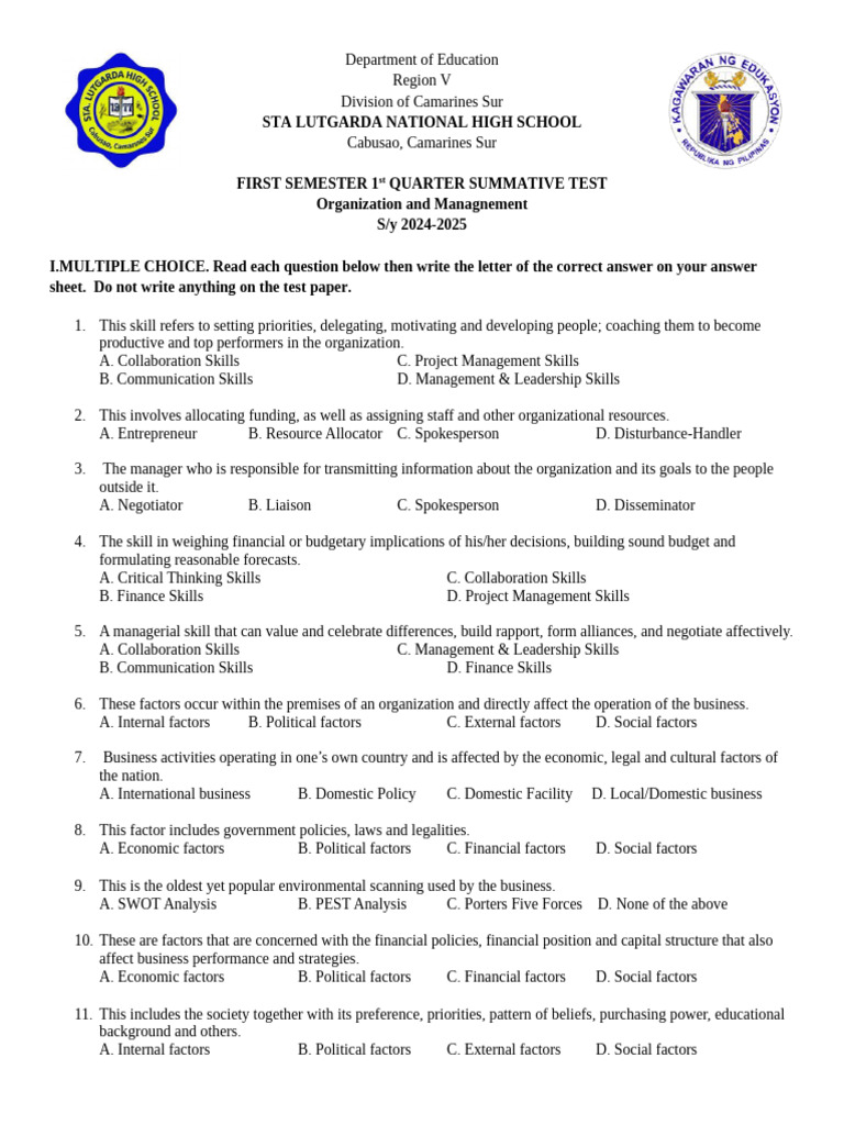 Summative Test 1st Quarter | PDF | Partnership | Policy