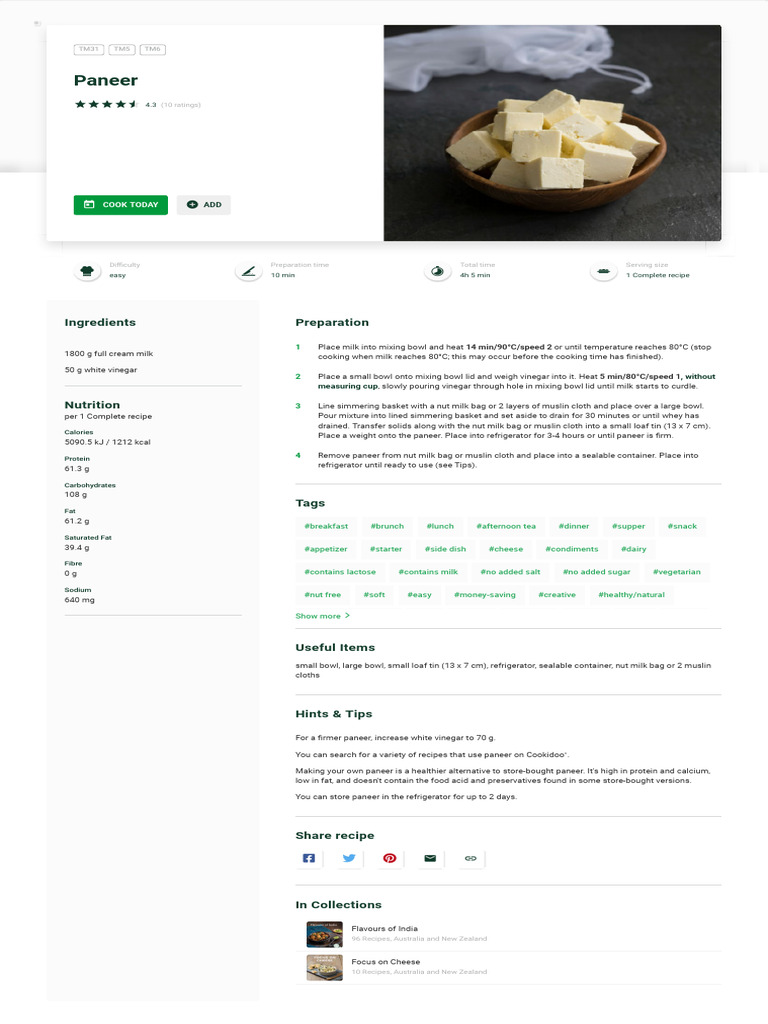 Paneer - Cookidoo® - The Official Thermomix® Recipe Platform | PDF | Milk | Calorie