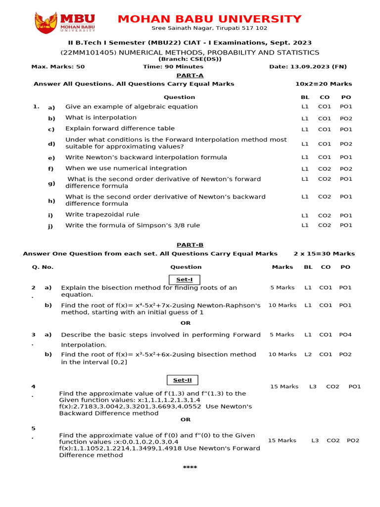 DS2 2-1 NMPS Mid1 Question Paper | PDF | Finite Difference | Numerical Analysis
