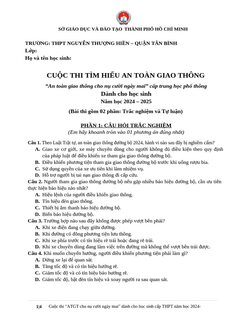 Đề Thi Atgt Dành Cho Hs Thpt - 2024-2025 | PDF