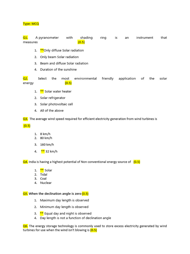 Solar and Wind Energy MCQs and Analysis | PDF | Solar Power | Energy ...