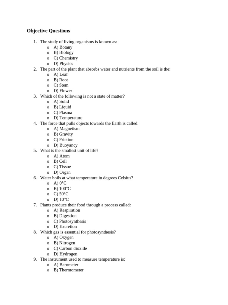 Objective Questions Pdf Water Oxygen
