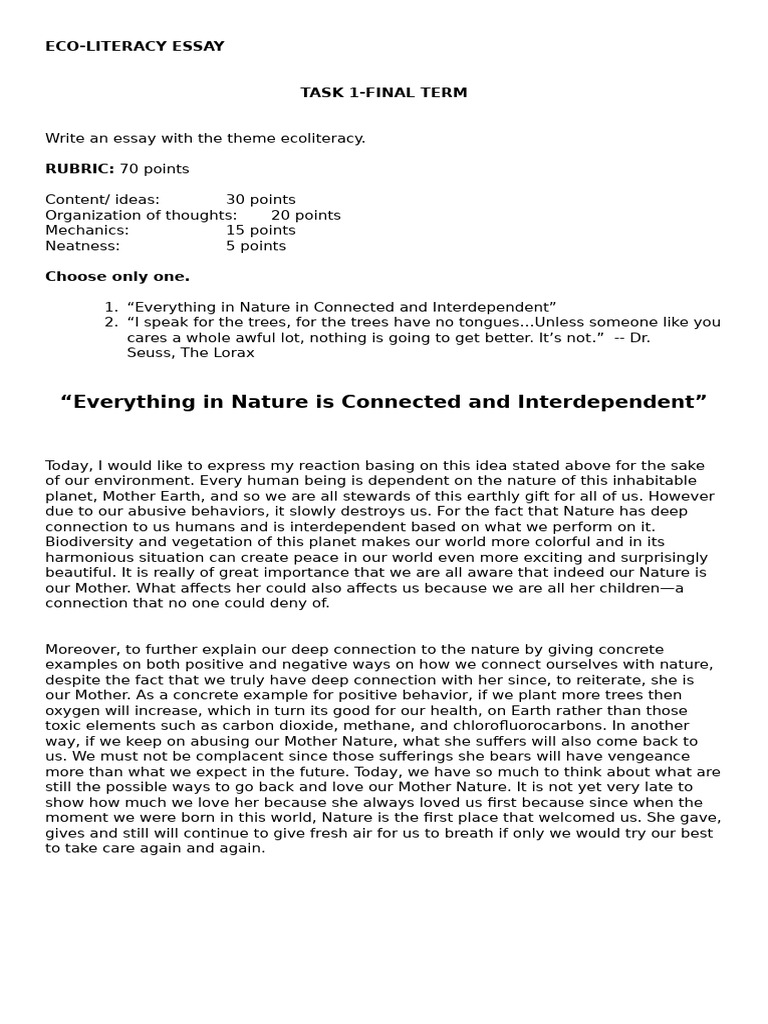Eco-Literacy Essay Sample | PDF | Nature | Natural Environment