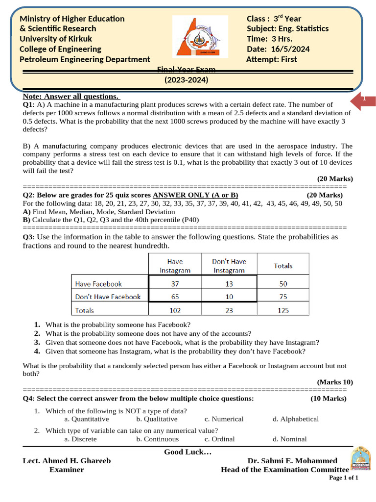 STAT FINAL EXAM 2nd Form | PDF | Statistics | Probability Distribution