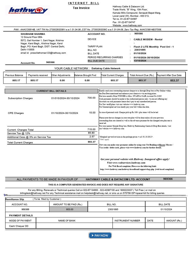 Internet Bill Format PDF | PDF | Payments | Cheque