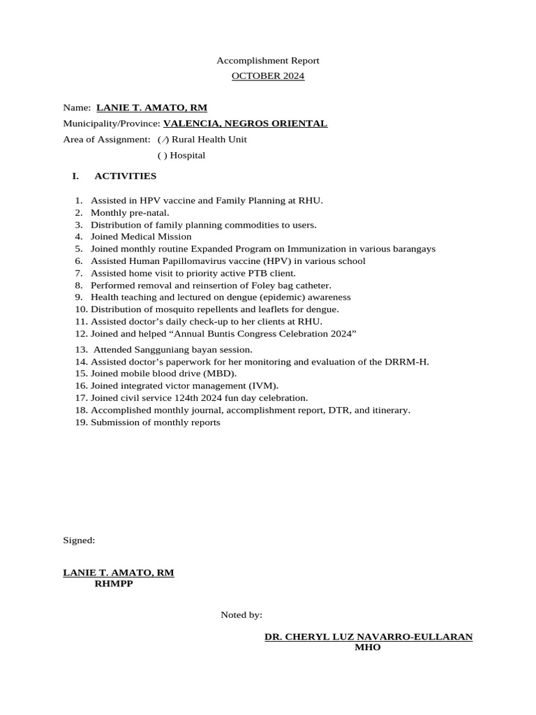 Accomplishment Report-October 2024 | PDF