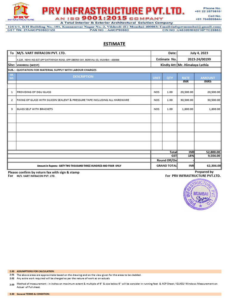 Estimate For VART Infracon Pvt. Ltd. Vikhroli West Site Dtd. 04.07.2023 | PDF