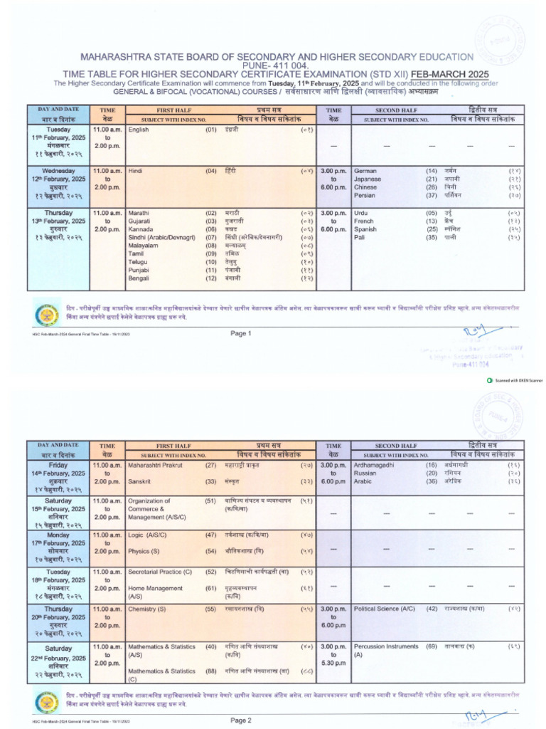 Timetable HSC Feb 2025 Gen Bifocal 5be993109e | PDF