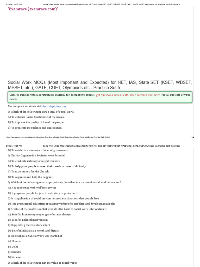 Social Work Mcqs (Most Important and Expected) For Net, Ias, State-Set (Kset, Wbset, Mpset, Etc ...