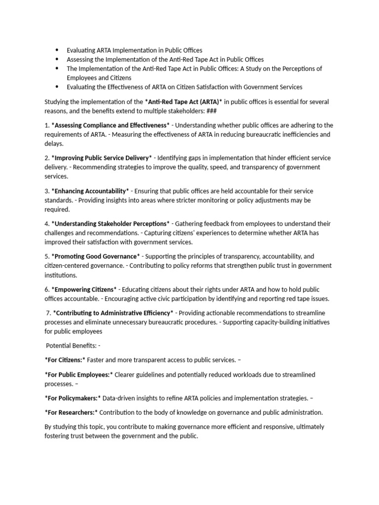 Evaluating ARTA Implementation in Public Offices | PDF | Governance ...