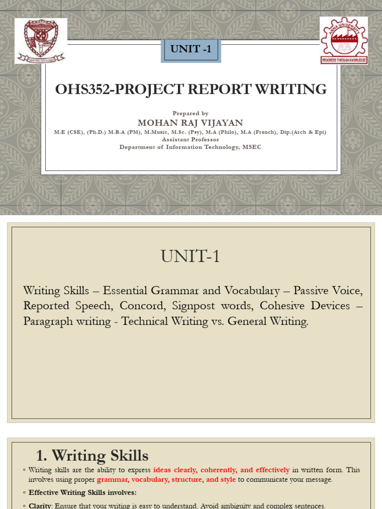 Unit - 1 - Ohs352-Project Report Writing | PDF | Verb | Grammatical Number