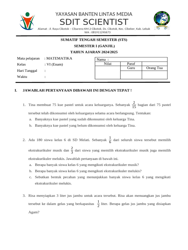 Soal Asts Kelas 6 Matematika | PDF