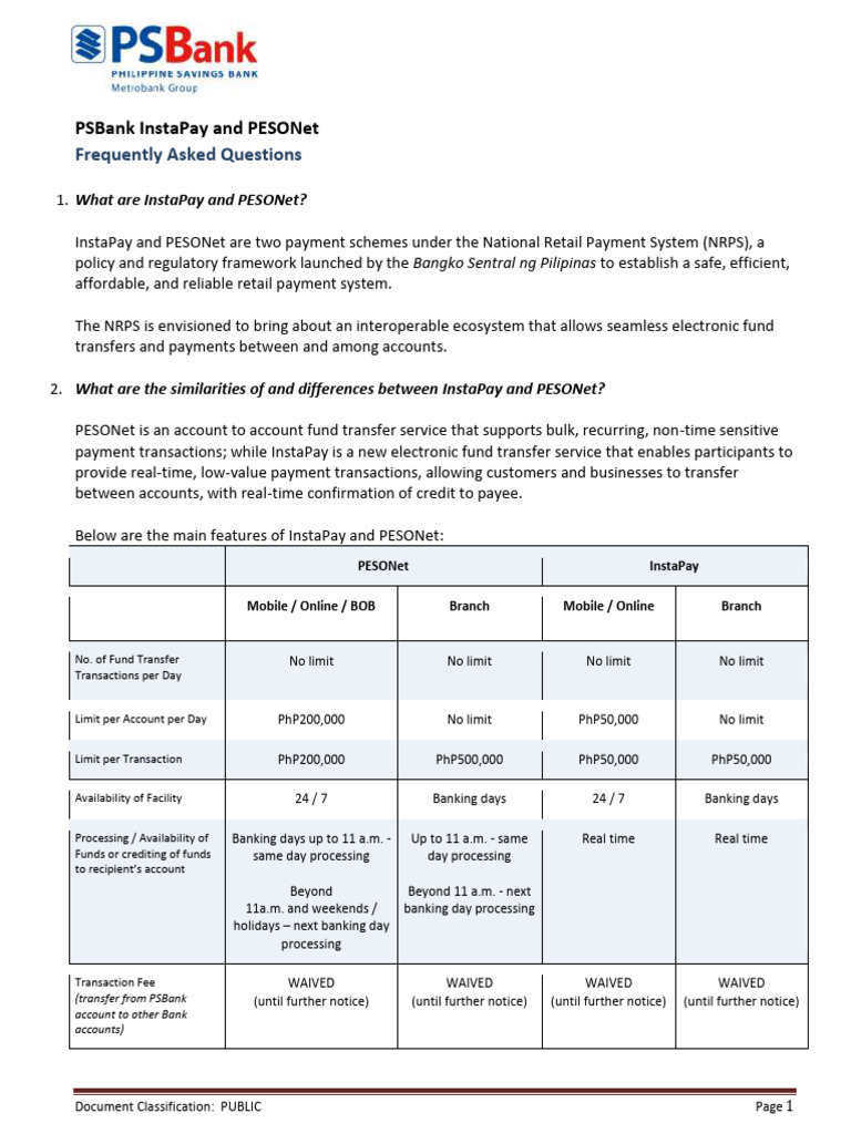 PSBank InstaPay vs PESONet Guide | PDF | Payments | Banks