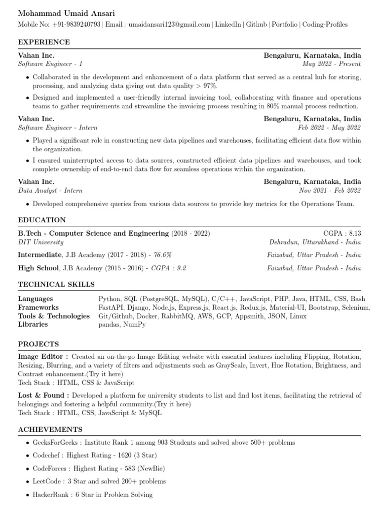 Mohammad Umaid Ansari Resume | PDF | Java Script | Software Development