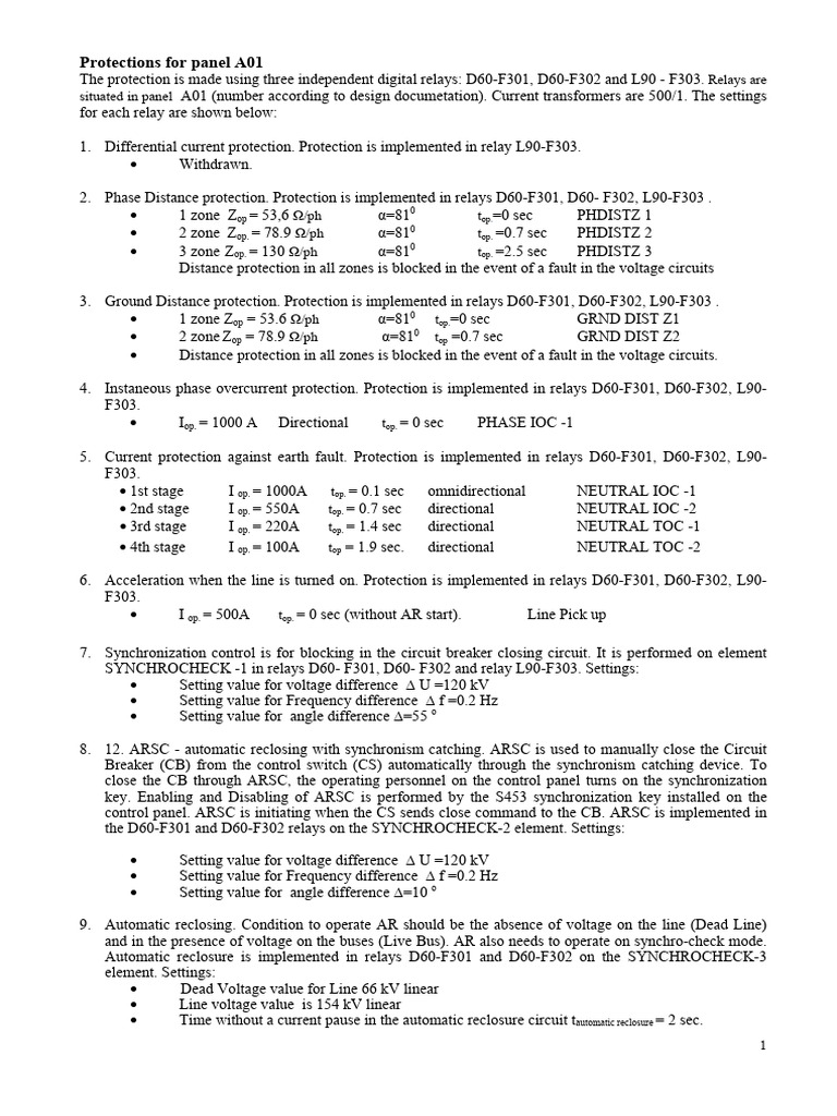 Panel A01 Protection Settings Guide | PDF | Relay | Power (Physics)