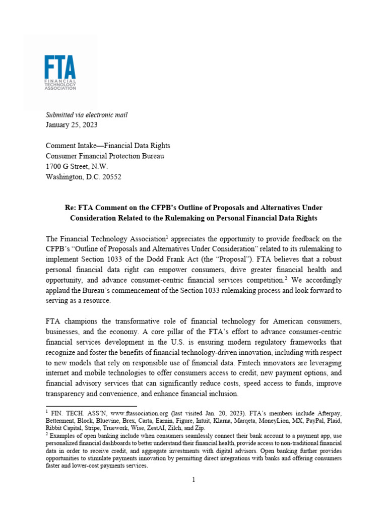 FTA 1033 SBREFA Comment Letter VF | PDF | Innovation | Economies