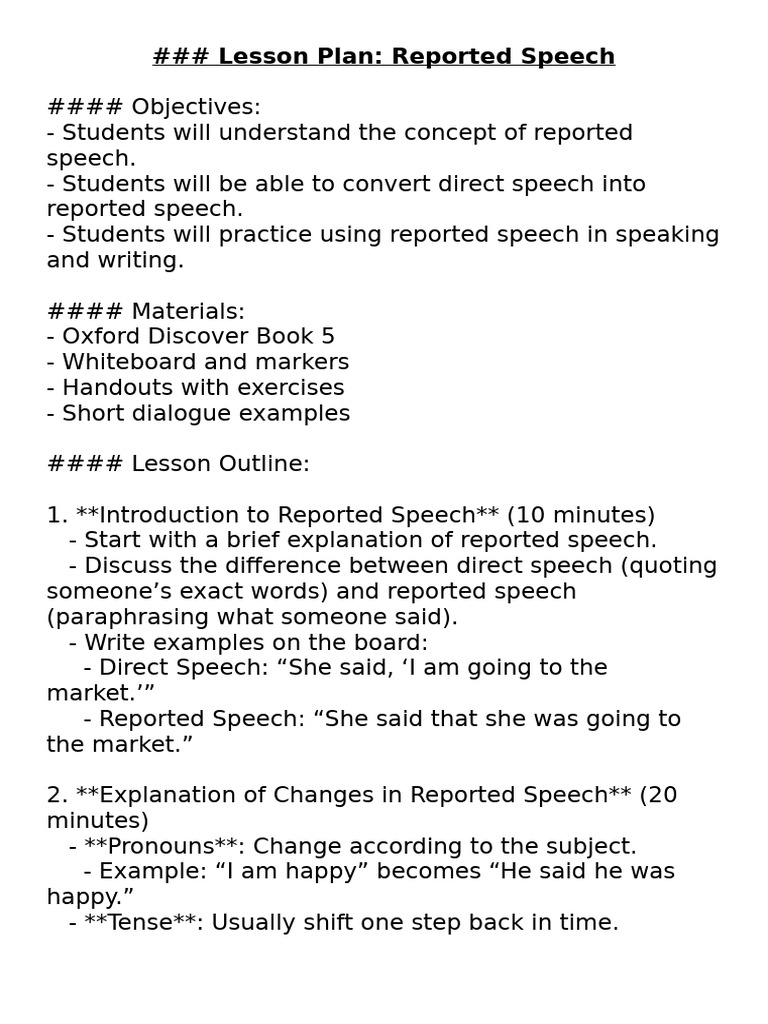 Lesson Plan (Reported Speech) | PDF | Homework | Grammar