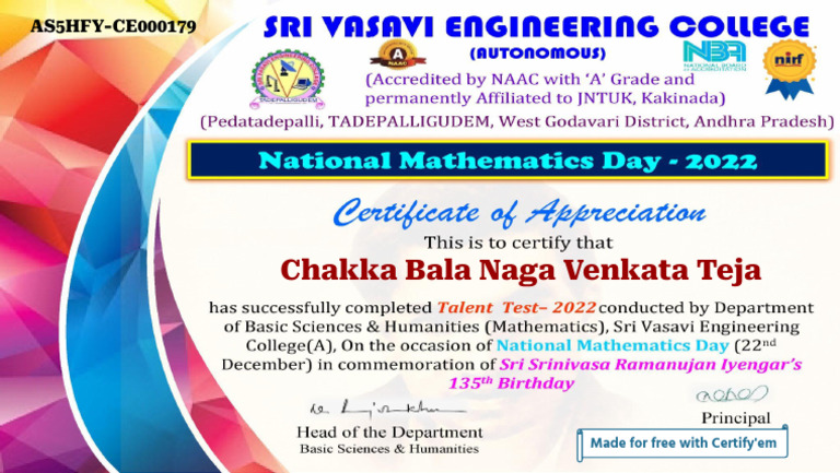 Certificate For Chakka Bala Naga Venkata Teja For - Srinivasa Ramanujan ...