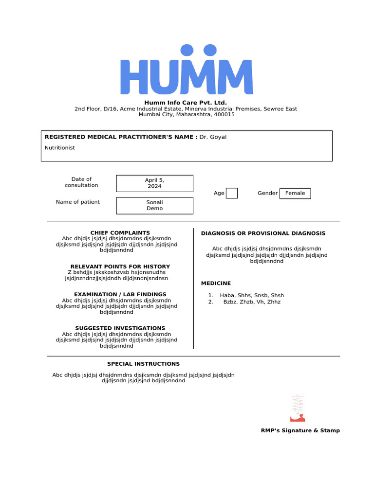Humm Info Care Pvt. LTD.: Dr. Goyal | PDF