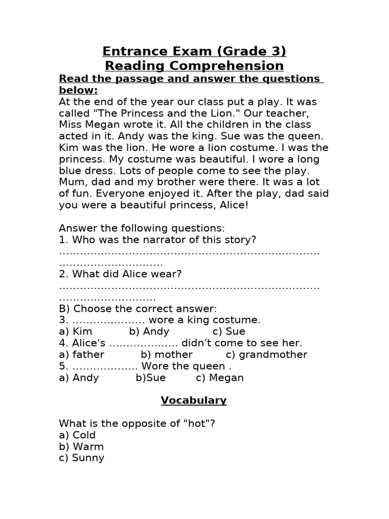 Entrance Exam Grade 3 | PDF | Grammar | Linguistics