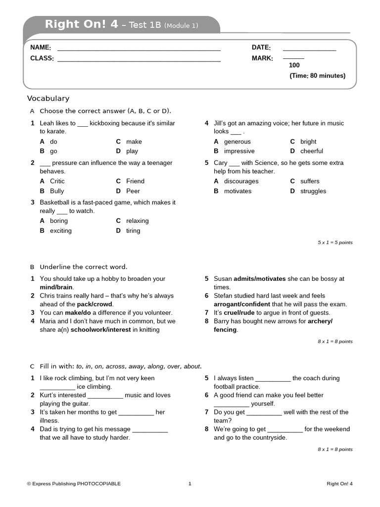 02 Right On 4 - SERB - Test 1B - Mod 1 | PDF