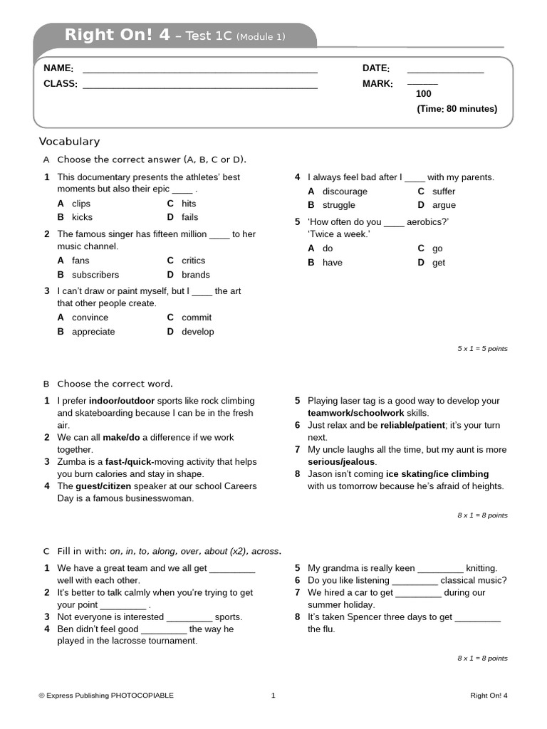 03 Right On 4 - SERB - Test 1C - Mod 1 | PDF