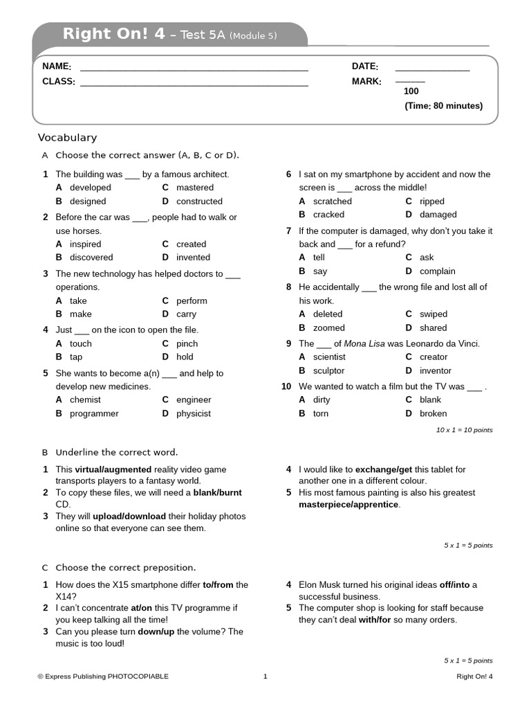 14 Right On 4 - SERB - Test 5A - Mod 5 | PDF