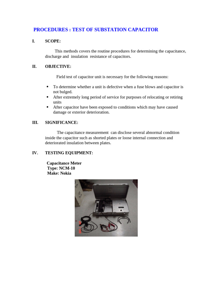 Substation Capacitor Testing Procedures | PDF | Capacitor | Capacitance