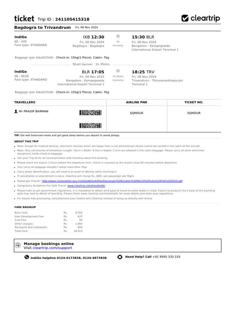 Cleartrip Flight E-Ticket-1 | PDF | Airport | Aviation