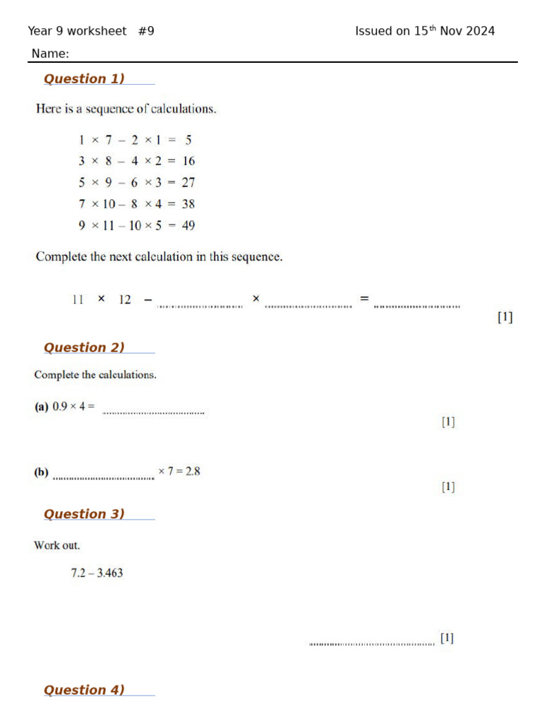 Year 9 Student Worksheet | PDF
