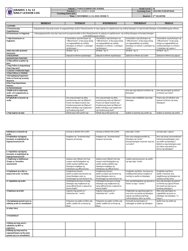 DLL - Araling Panlipunan 3 - Q2 - W7 | PDF