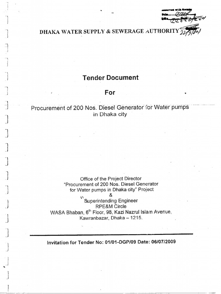 Tender Document For 200 Nos. Diesel Generator Fo Dhaka WASA | PDF