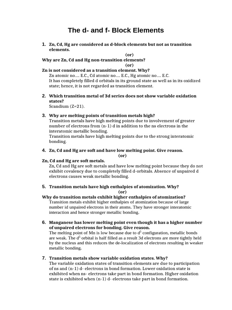 Understanding d- and f- Block Elements | PDF | Transition Metals ...