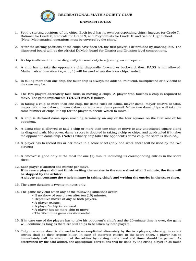 DaMath Rules 2024 2025 | PDF | Algebra | Mathematics