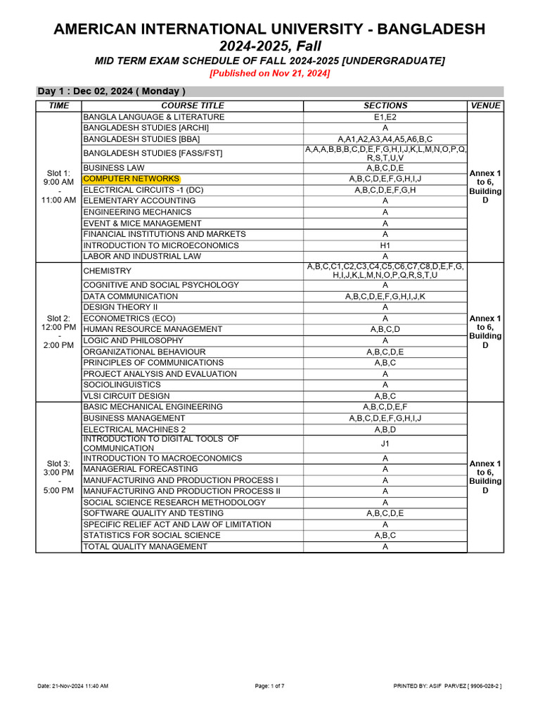 Revised Mid Term Exam Schedule of Fall 2024 2025 (Undergraduate) - (Nov.21) | PDF