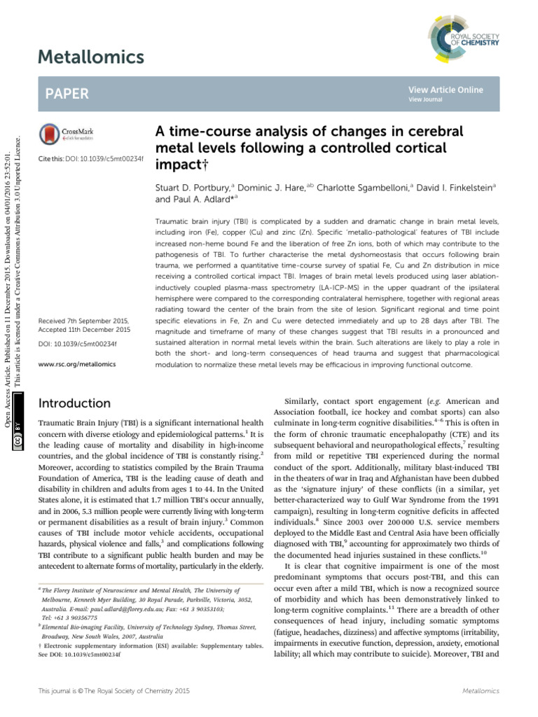 A Time-Course Analysis of Changes in Cerebral Metal Levels Following A ...