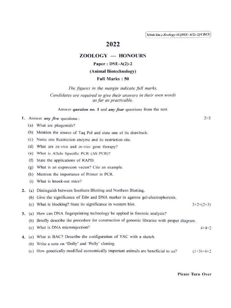 CU Zoology 6th Sem Exam Paper 2022 | PDF | Polymerase Chain Reaction ...