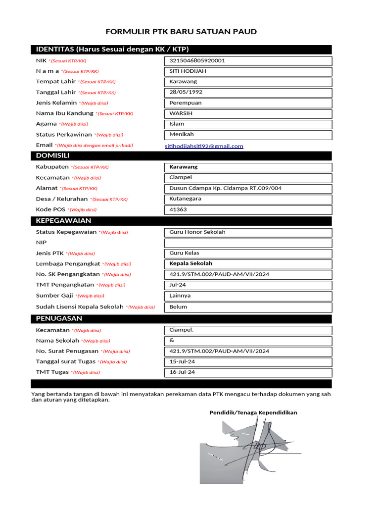 Form PTK PAUD | PDF