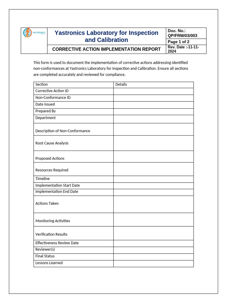 Corrective Action Implementation Report | PDF