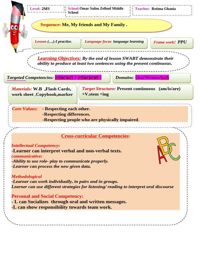 Lesson Plan Present Continuos | PDF | Nonverbal Communication | Grammar