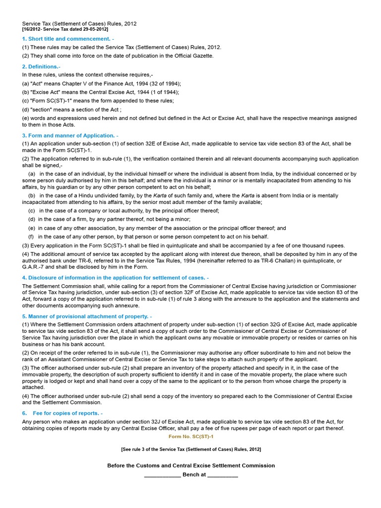 Service Tax (Settlement of Cases) Rules, 2012 | PDF | Taxes | Excise