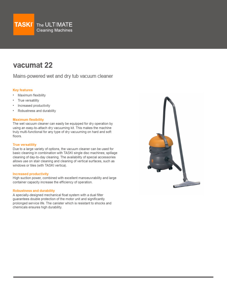 TASKI Vacumat 22 Features & Accessories | PDF | Vacuum Cleaner | Equipment