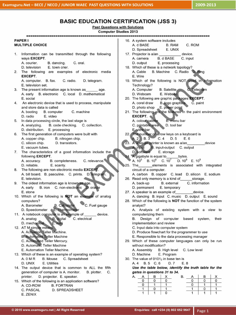 Junior WAEC Past Question Computer | PDF