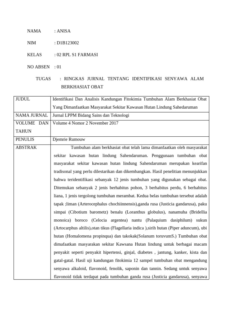 Ringkas Jurnal Tentang Identifikasi Senyawa Alam Berkhasiat Obat | PDF