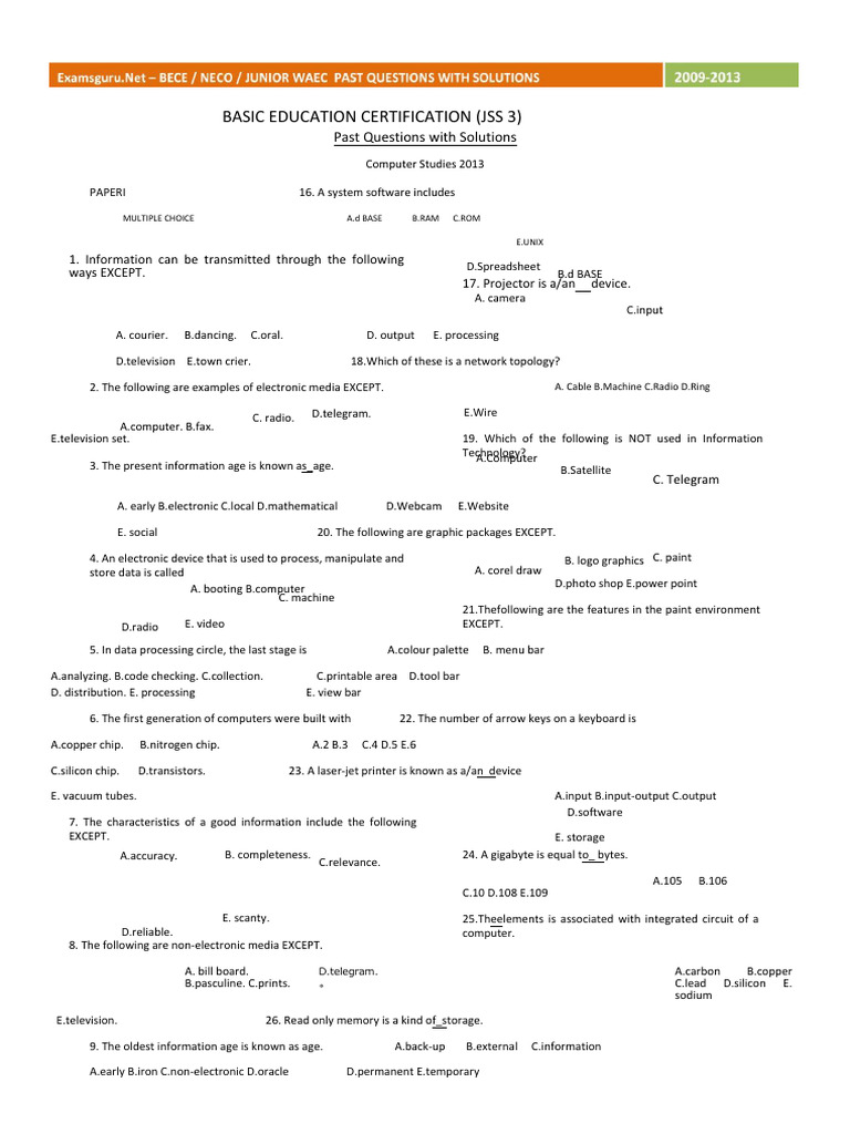 Junior-WAEC-Past-Question-Computer | PDF | Computer Data Storage | Microcomputers