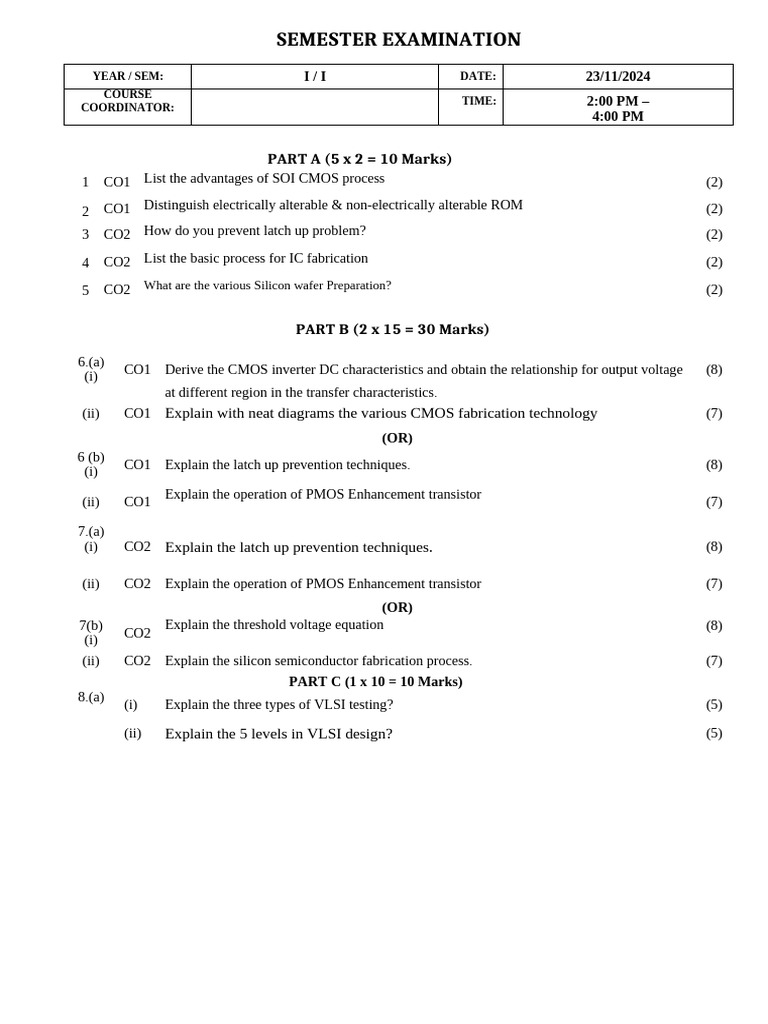 CMOS & VLSI Exam Questions 2024 | PDF | Cmos | Semiconductor Device ...