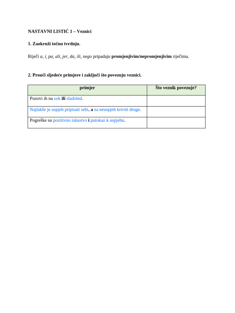 Nastavni Listić 1 - Veznici | PDF